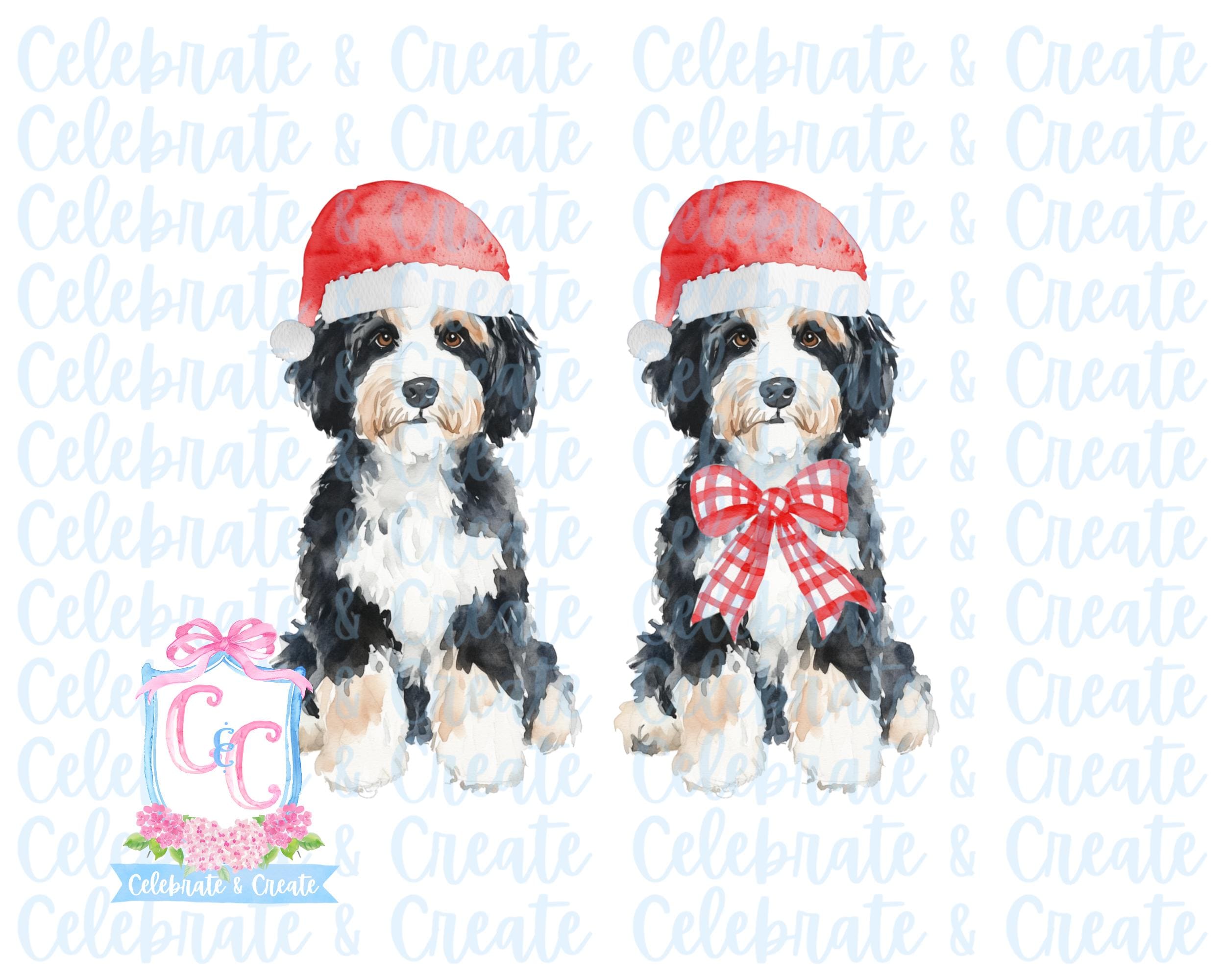 Set of 2 Watercolor Santa Hat Bernedoodle Doodle Dog Red Gingham Bow ...