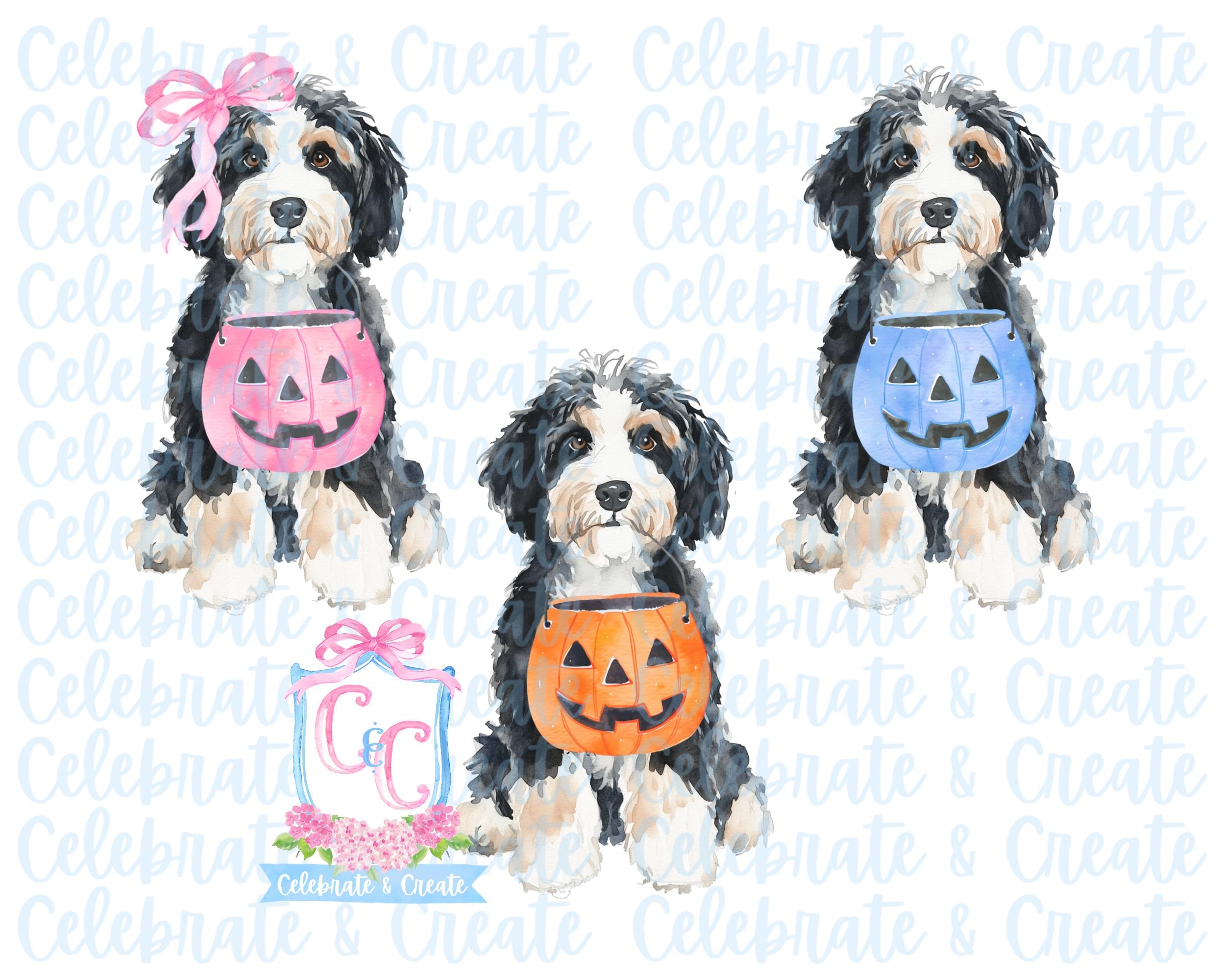 Watercolor Set of 3 Halloween Bernedoodle Saint Bernard Doodle Dog ...