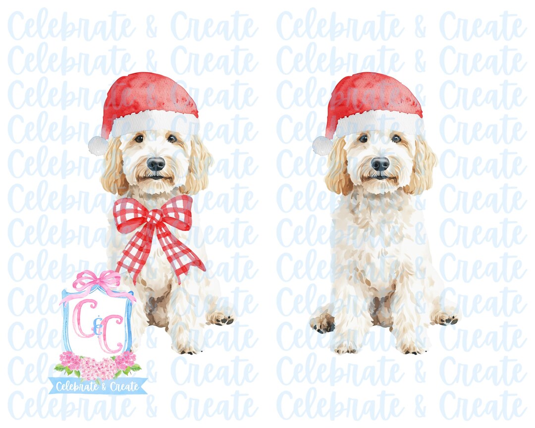 Set of 2 Watercolor Santa Hat Cream Golden Doodle Goldendoodle Antlers ...