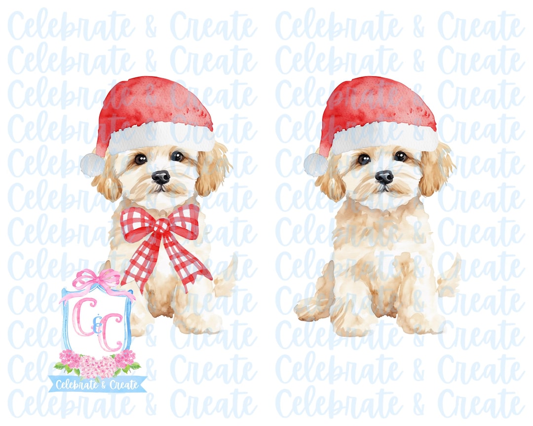 Set of 2 Watercolor Santa Hat Maltipoo Cavapoo Dog Puppy Antlers & Red ...
