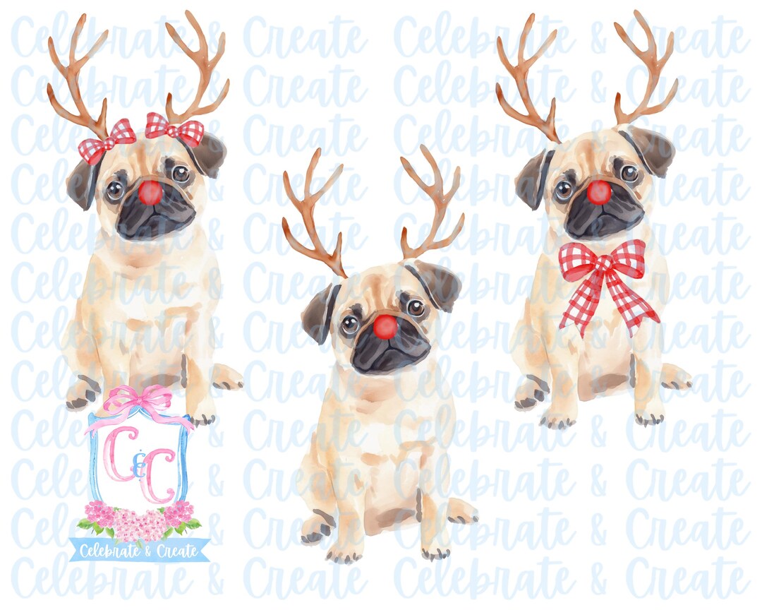 Set of 3 Watercolor Rudolph Pug Dog Puppy Antlers & Red Nose PNG ...