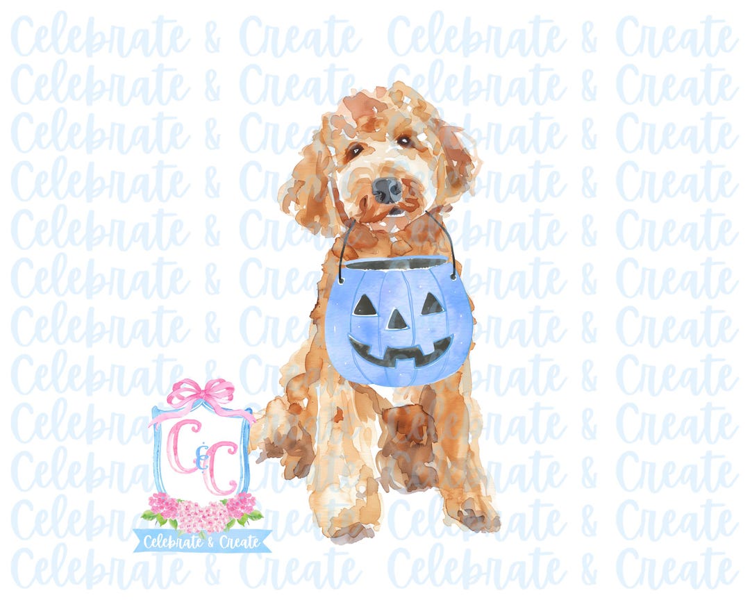 Watercolor Halloween Golden Doodle Goldendoodle Labradoodle Dog Blue ...