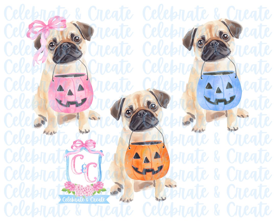 Watercolor Set of 3 Halloween Pug Dog Puppy Pumpkin Candy Bucket PNG ...