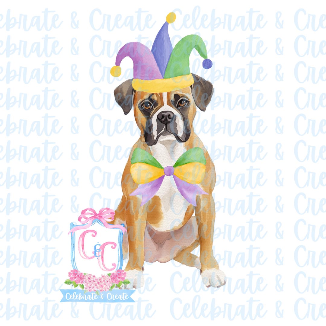Watercolor Boxer Mardi Gras Dog PNG Clip Art Fat Tuesday Clipart Puppy ...