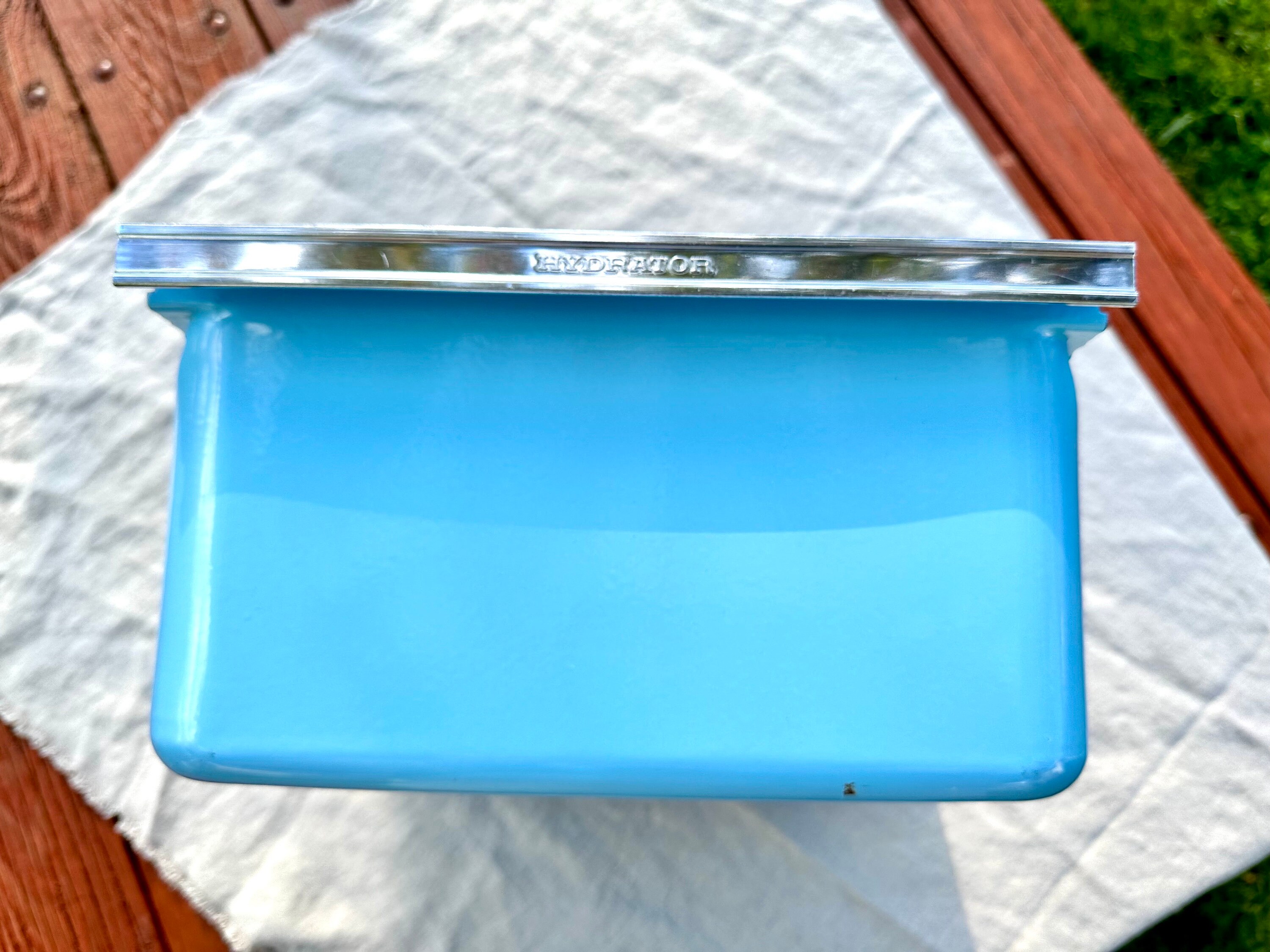 Vantage Chrome and Blue Enamel Refrigerator Drawer. Vintage hydrator ...