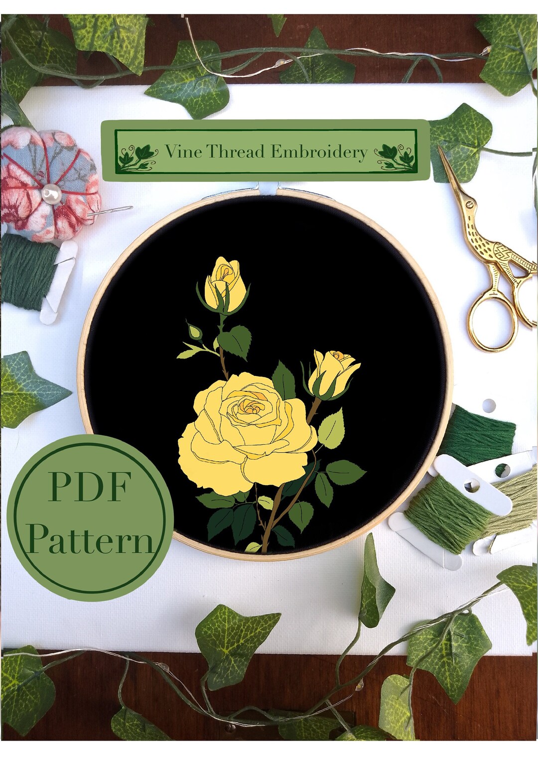 The Yellow Rose Vine Thread Embroidery Download PDF Embroidery Pattern ...