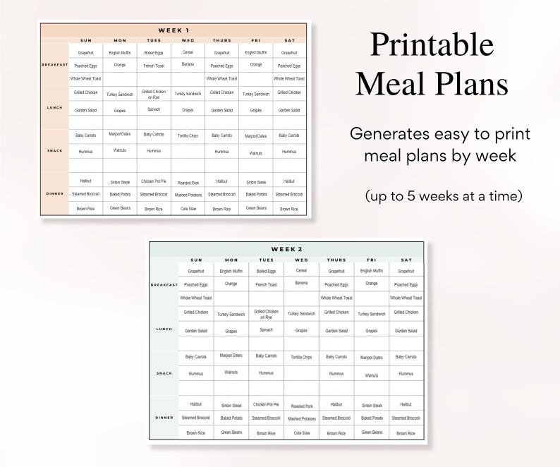 Weekly Meal Planner & Recipe Journal, Google Sheets Template, Printable ...