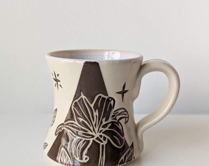 Handmade Sgraffito Brown Lily Ceramic Mug | Handmade Floral Lilies Mug ...