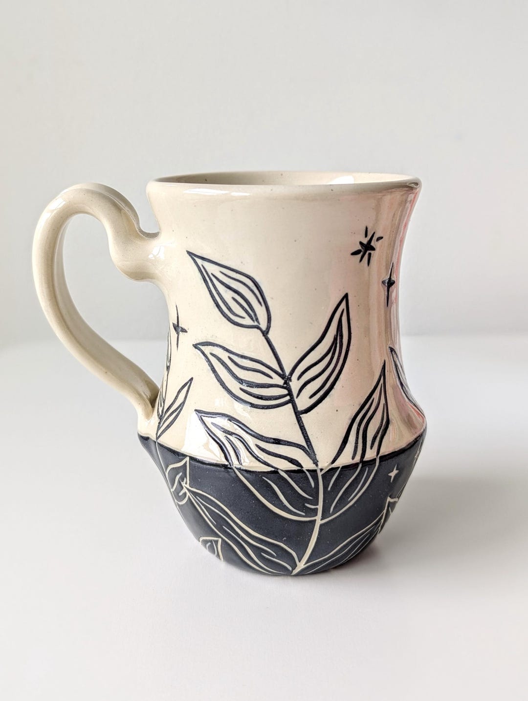 Sgraffito Black and White Leaves Handmade Ceramic Mug: Gothic Floral ...