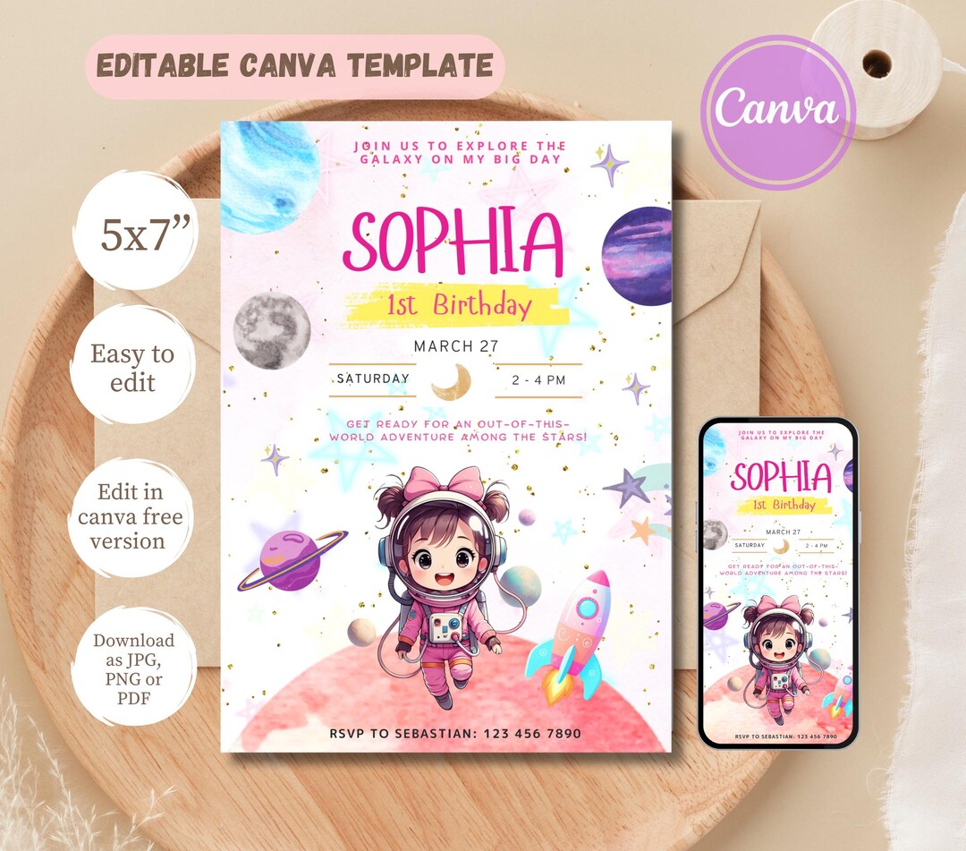 Editable Outer Space Birthday Invitation, Galaxy Invitation, Astronaut ...