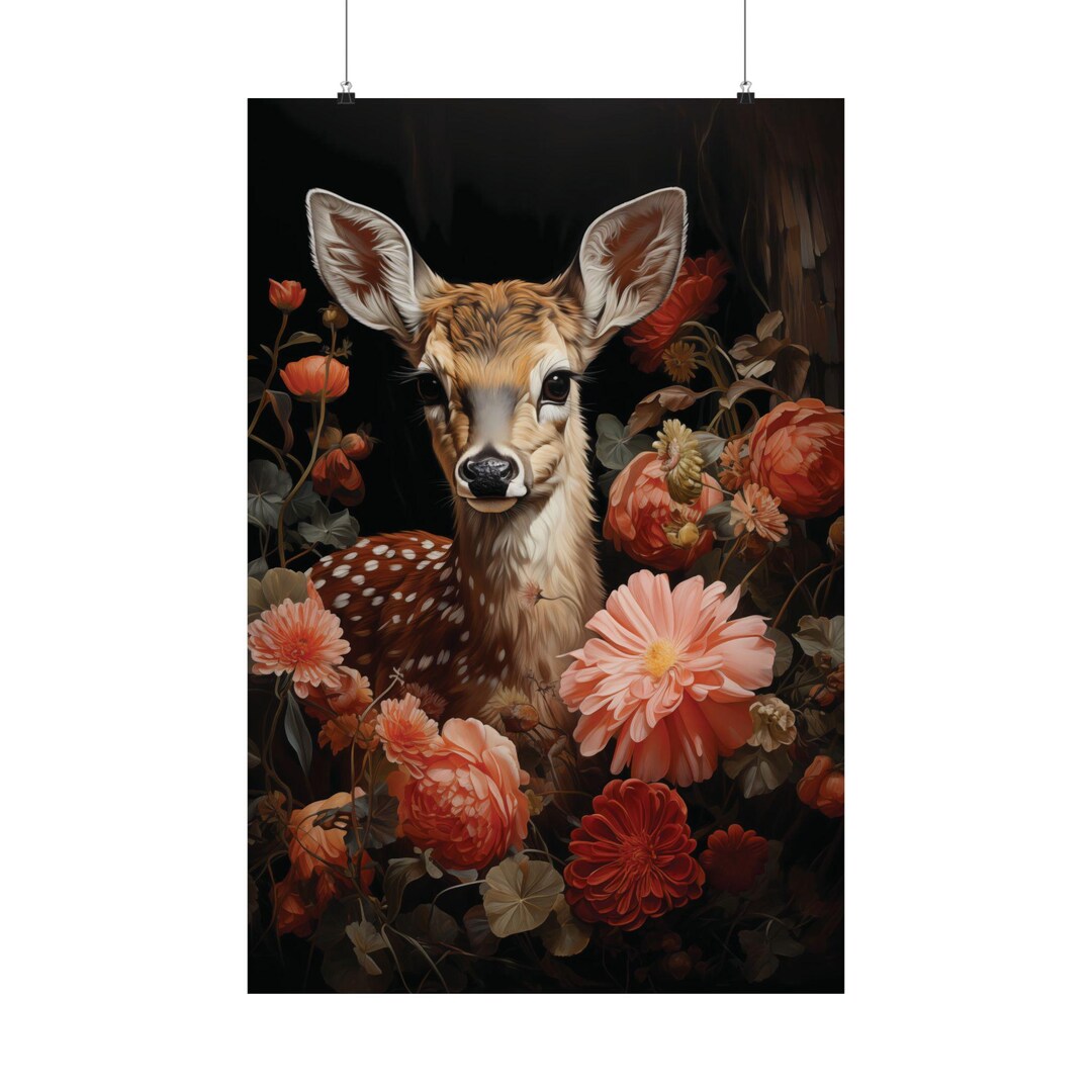Charming Fawn With Floral Accents | Matte Vertical Poster Print - Etsy