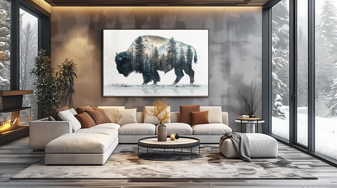 Bison Double Exposure Framed Canvas Print: Rustic Western Wall Art - Etsy