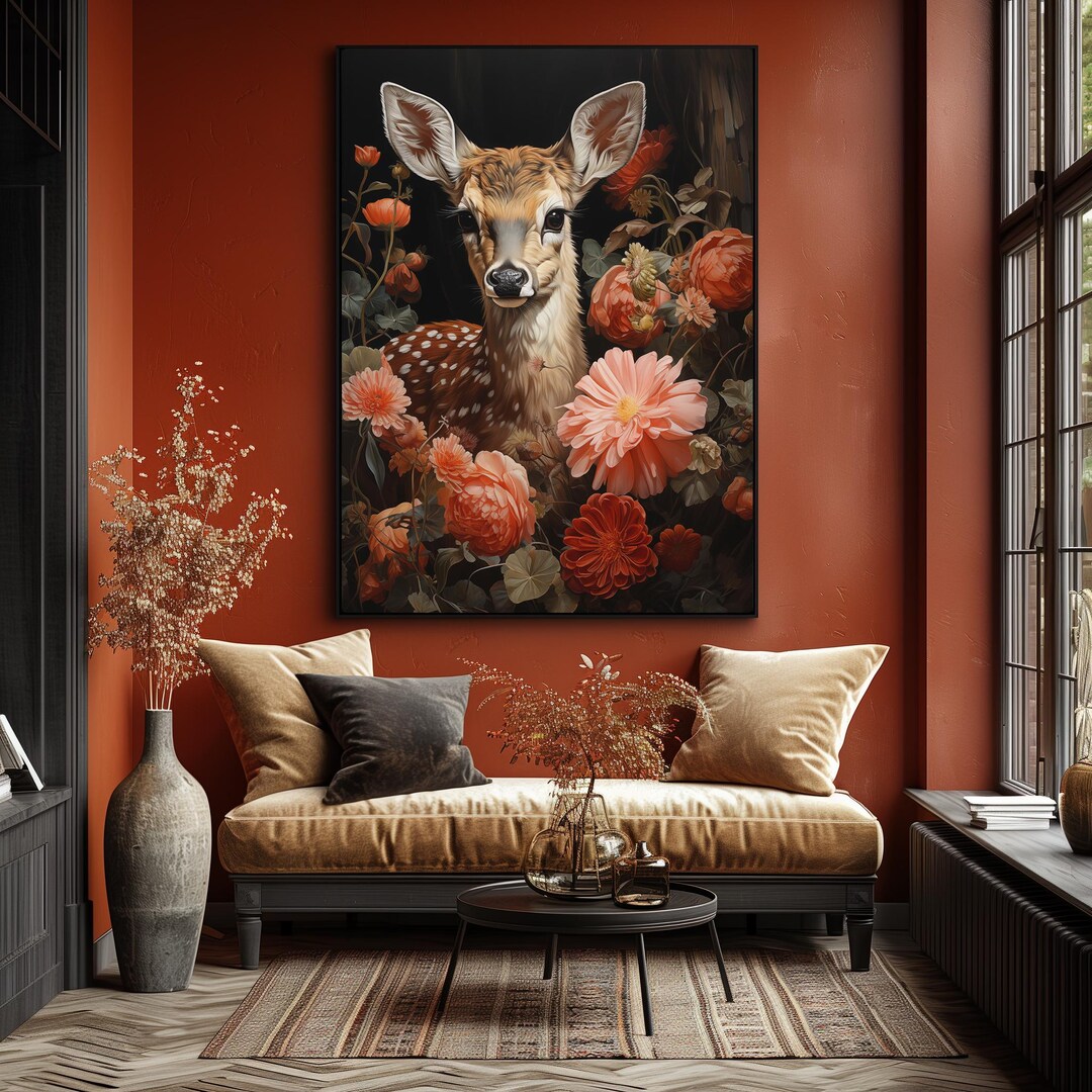 Charming Fawn With Floral Accents | Large Format Framed Vertical Canvas ...