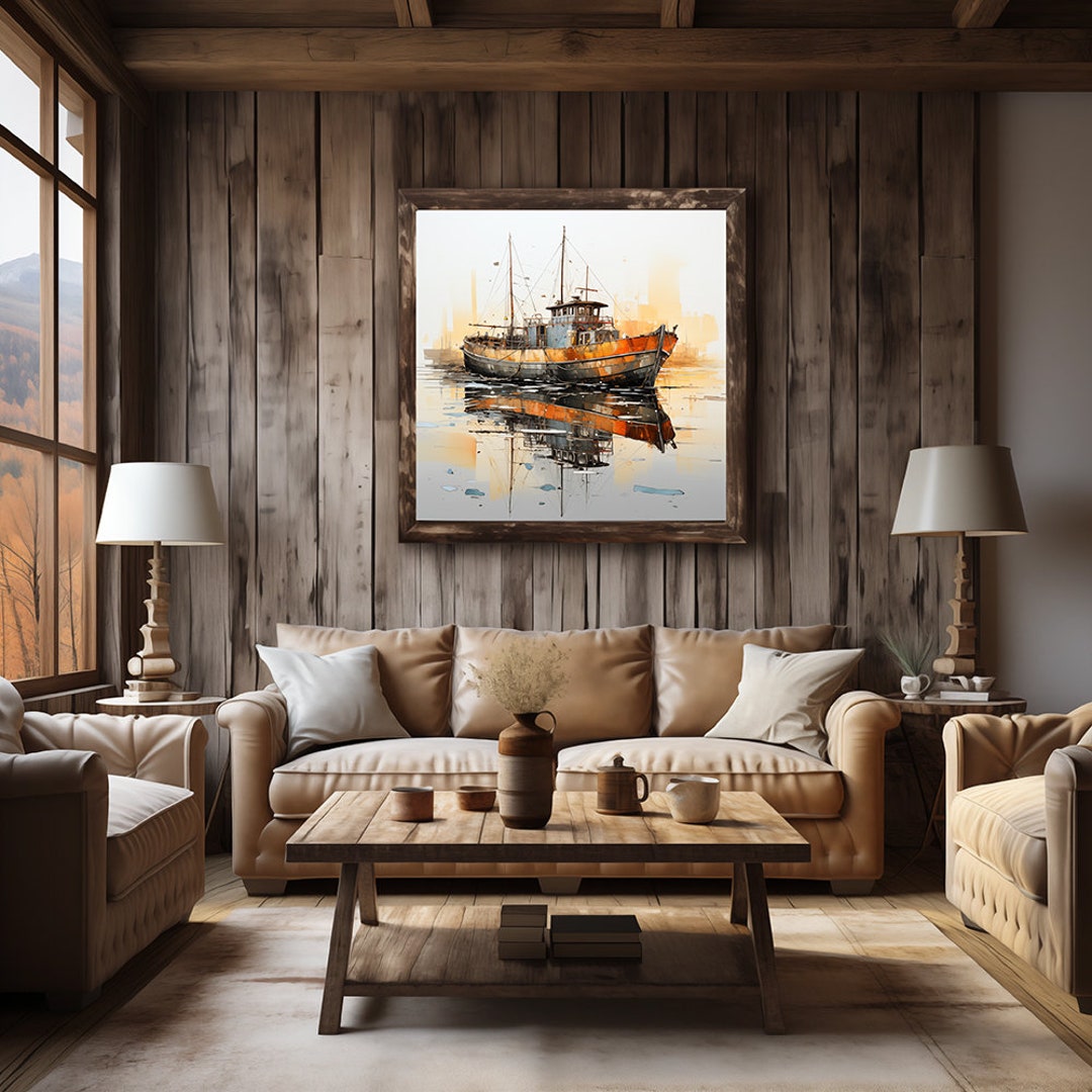 Golden Harbor Glow - Rustic Fishing Boat Canvas Wraps, Square Frame - Etsy
