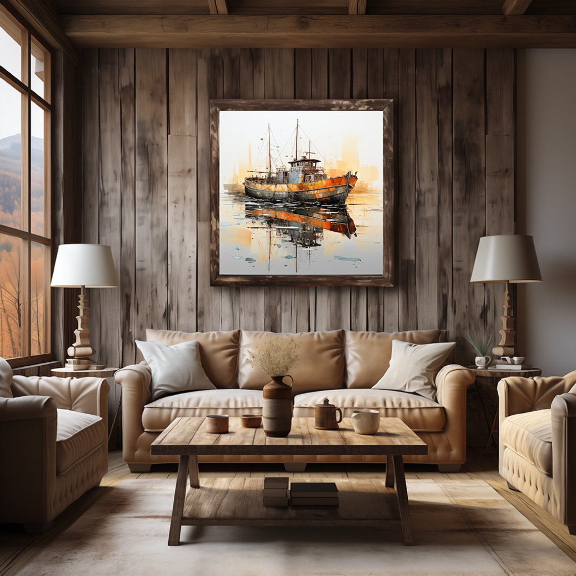 Golden Harbor Glow - Rustic Fishing Boat Canvas Wraps, Square Frame - Etsy