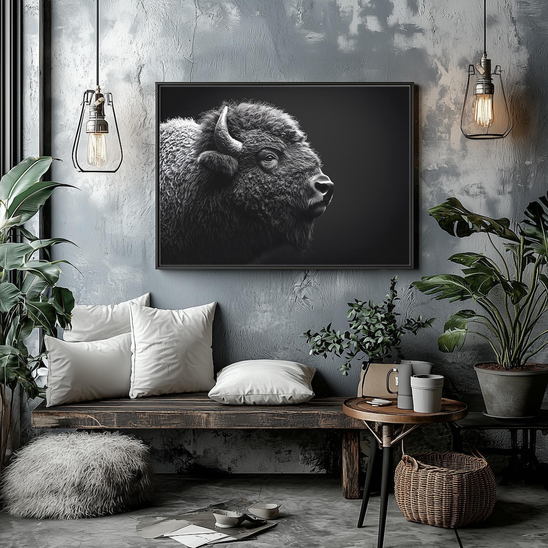 American Bison Wall Art | Rustic Farmhouse Framed Bison Canvas | Black ...