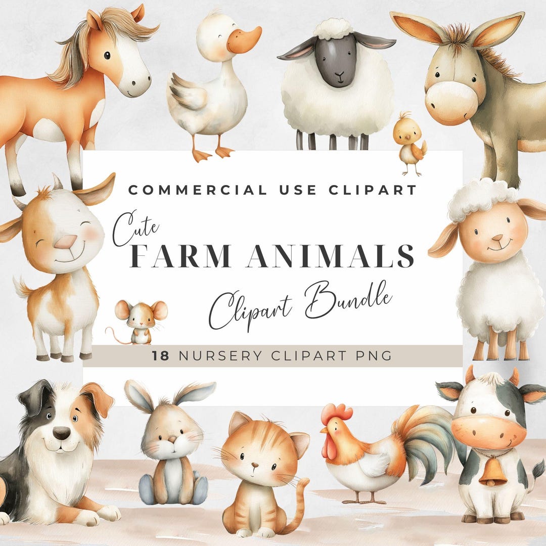 Cute Farm Animals Clipart PNG, Baby Farm Animal Bundle, Nursery Clipart ...