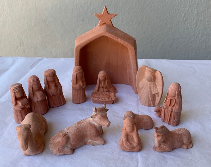 Small Ceramic Clay Terra Cotta Nativity Manger Stable Set of 14 Pieces ...