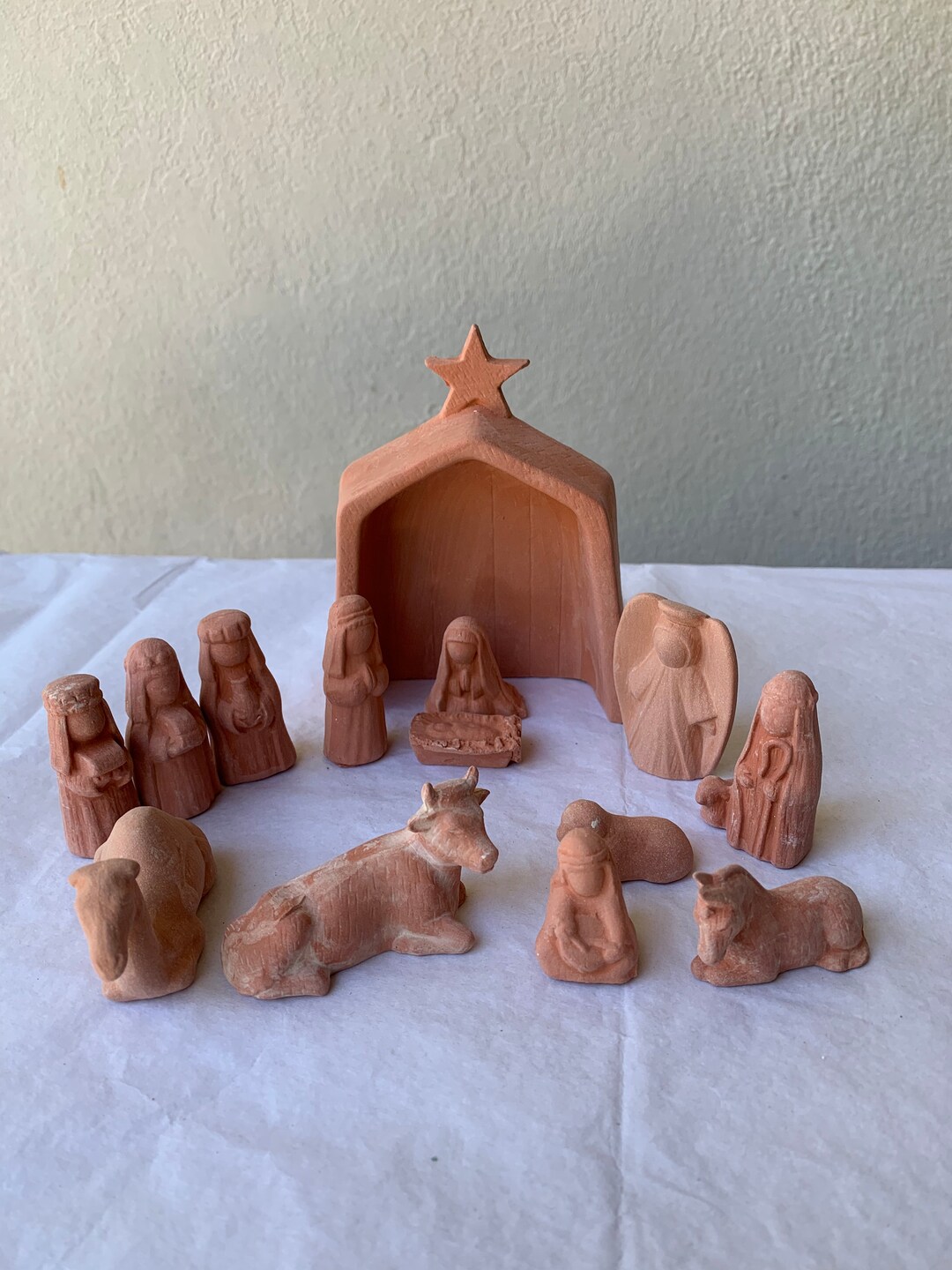 Small Ceramic Clay Terra Cotta Nativity Manger Stable Set of 14 Pieces ...