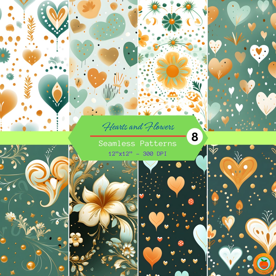 Hearts Digital Paper, Floral Digital Paper, Printable, Seamless Pattern ...