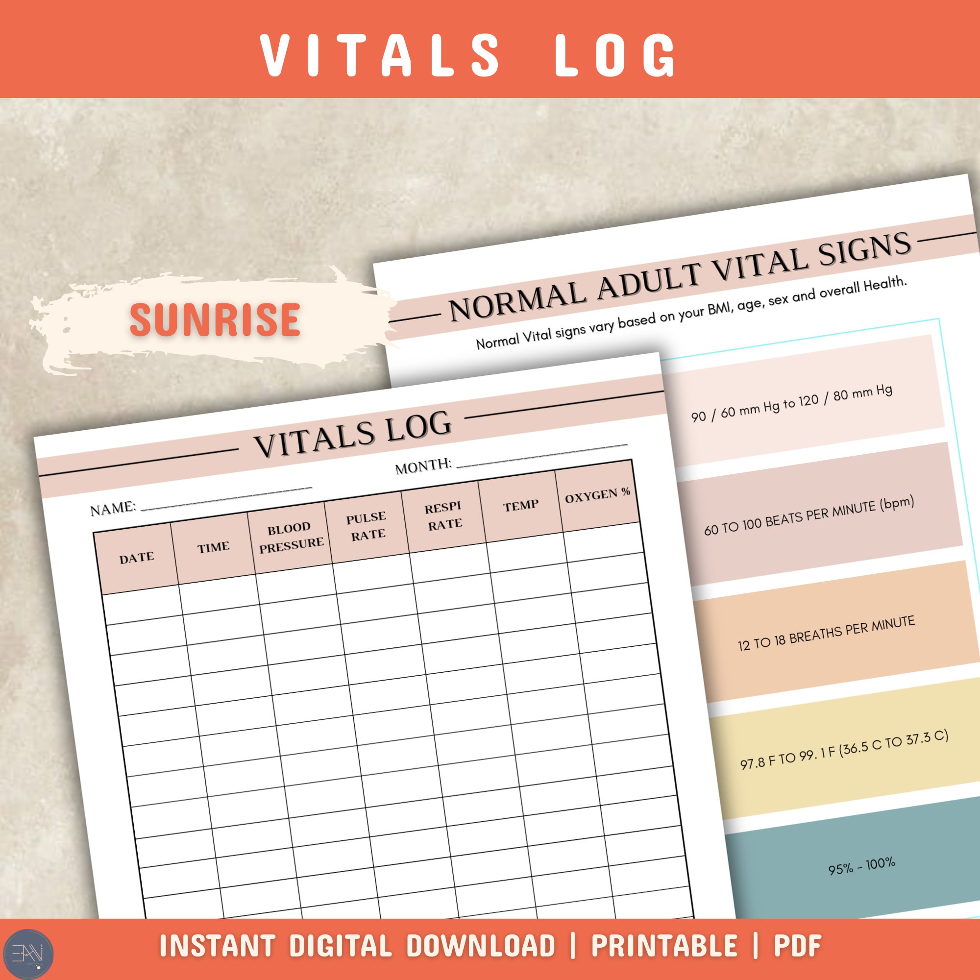 Printable Vitals Log, Blood Pressure Log, Vital Sign Sheet Log Vital ...