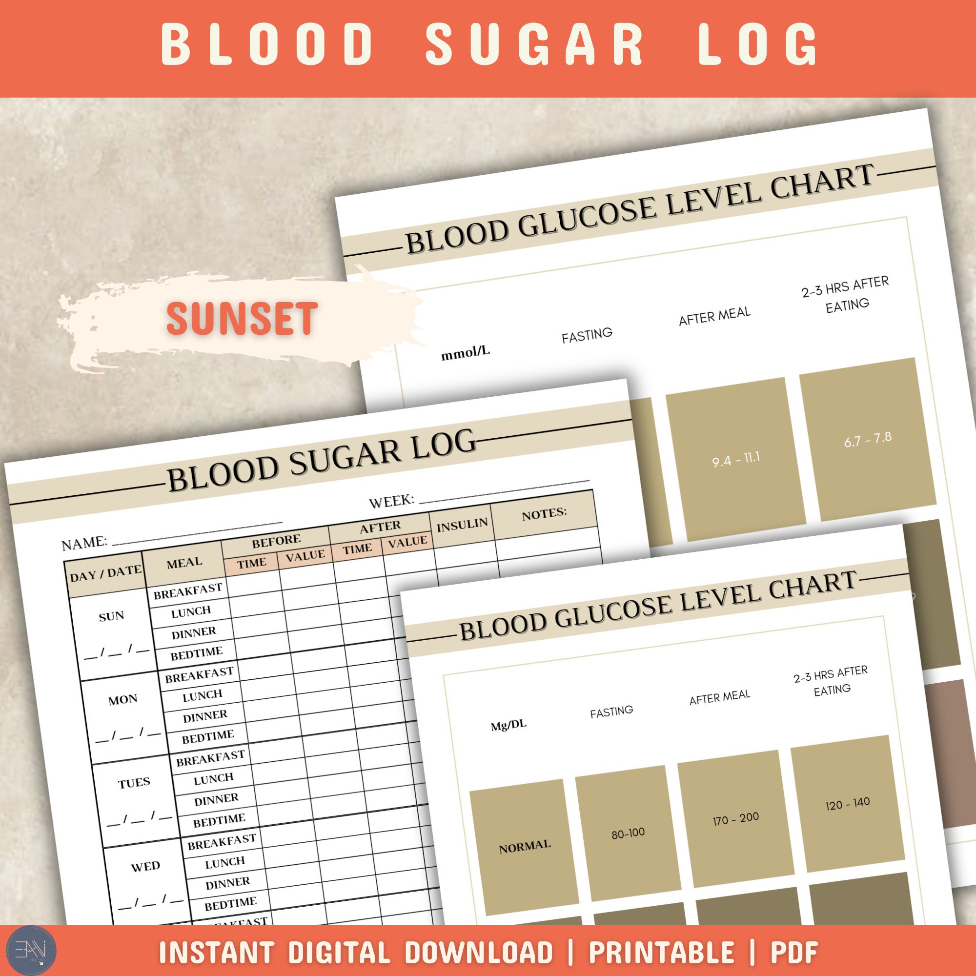 Blood Sugar Log Printable, Diabetes Tracker, Printable Blood Sugar ...