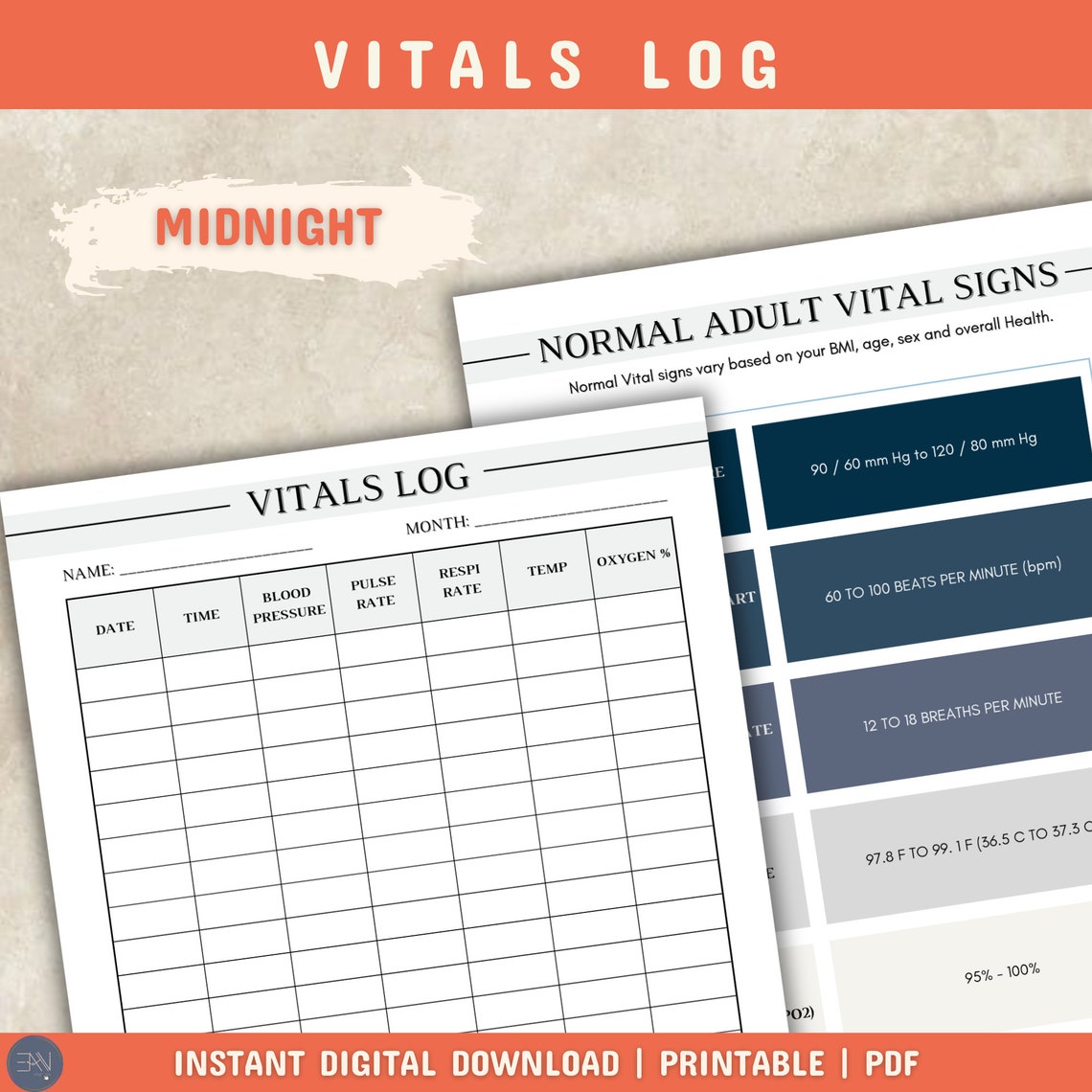 Printable Vitals Log, Blood Pressure Log, Vital Sign Sheet Log Vital ...