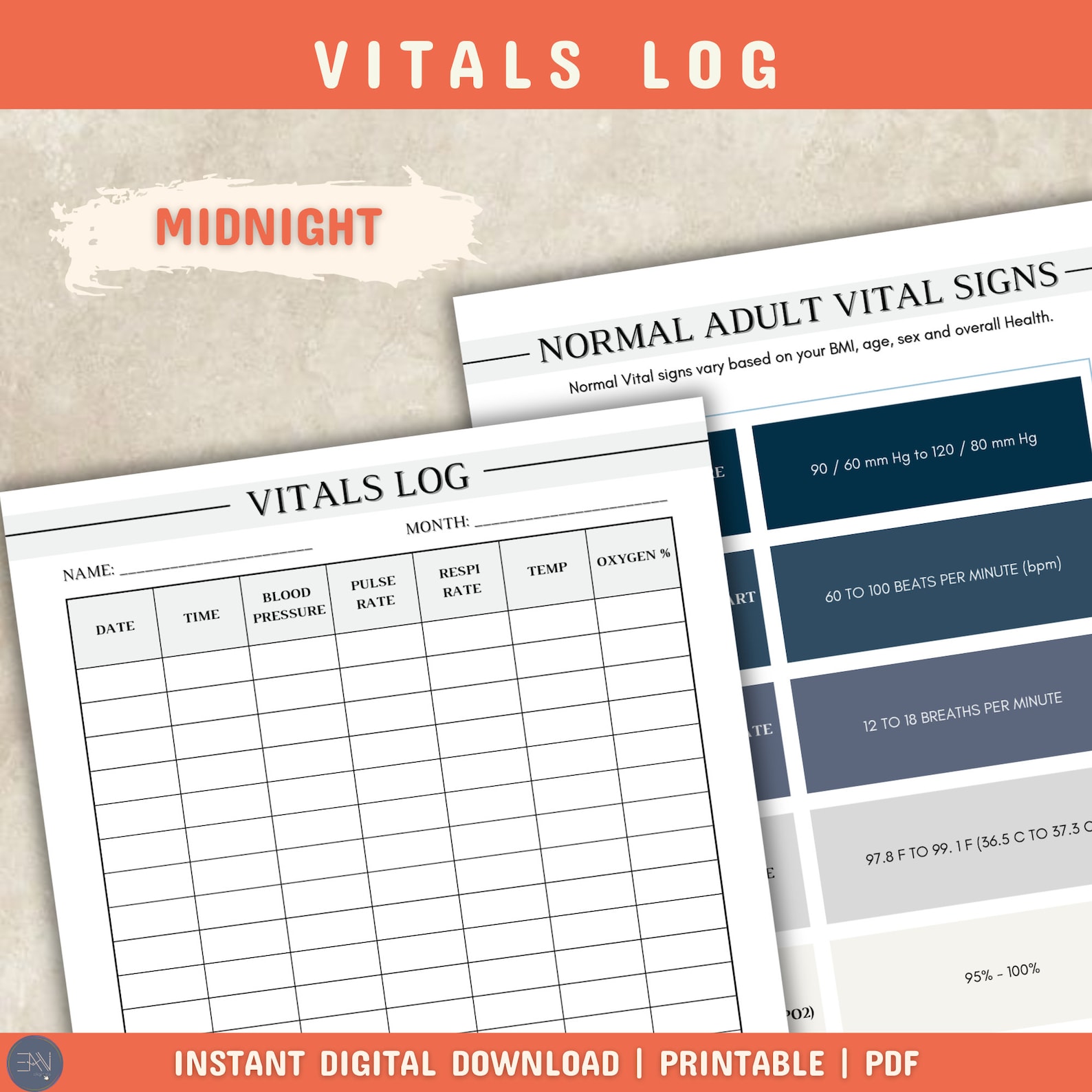 Printable Vitals Log, Blood Pressure Log, Vital Sign Sheet Log Vital ...
