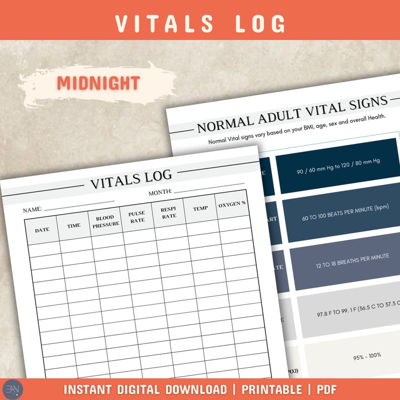 Printable Vitals Log, Blood Pressure Log, Vital Sign Sheet Log Vital ...