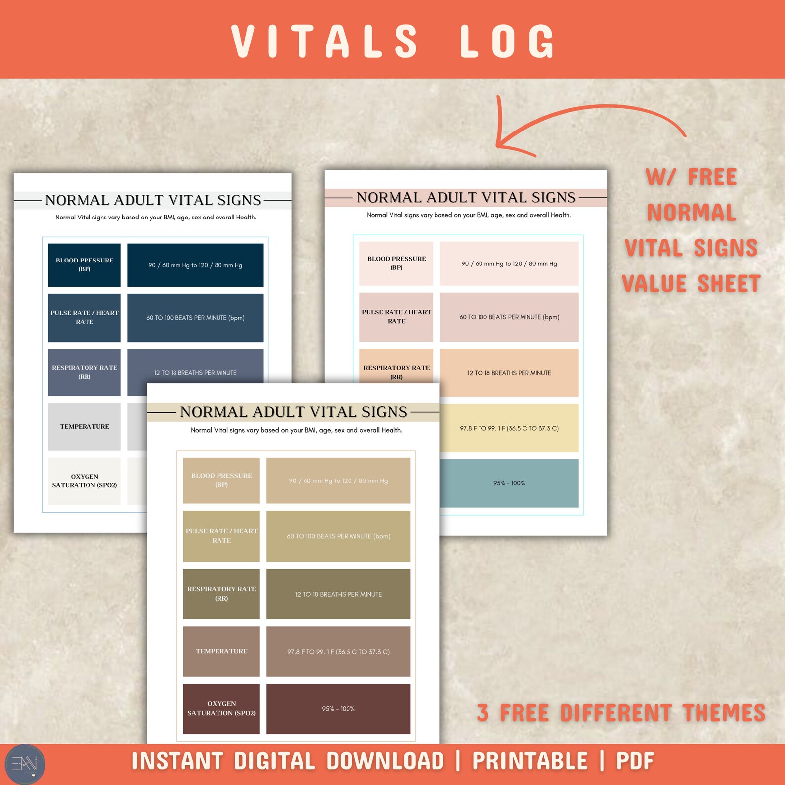 Printable Vitals Log, Blood Pressure Log, Vital Sign Sheet Log Vital ...