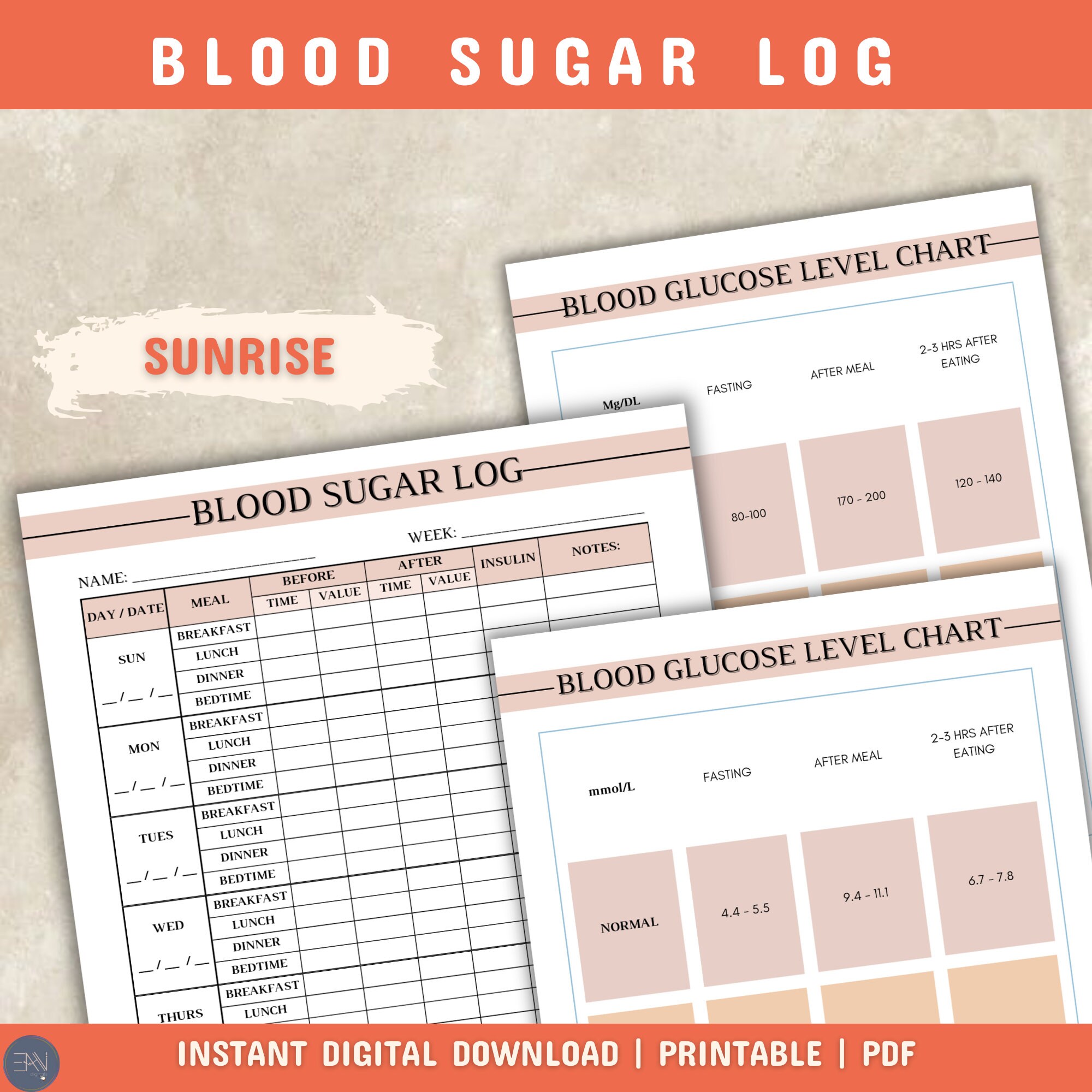 Blood Sugar Log Printable, Diabetes Tracker, Printable Blood Sugar ...