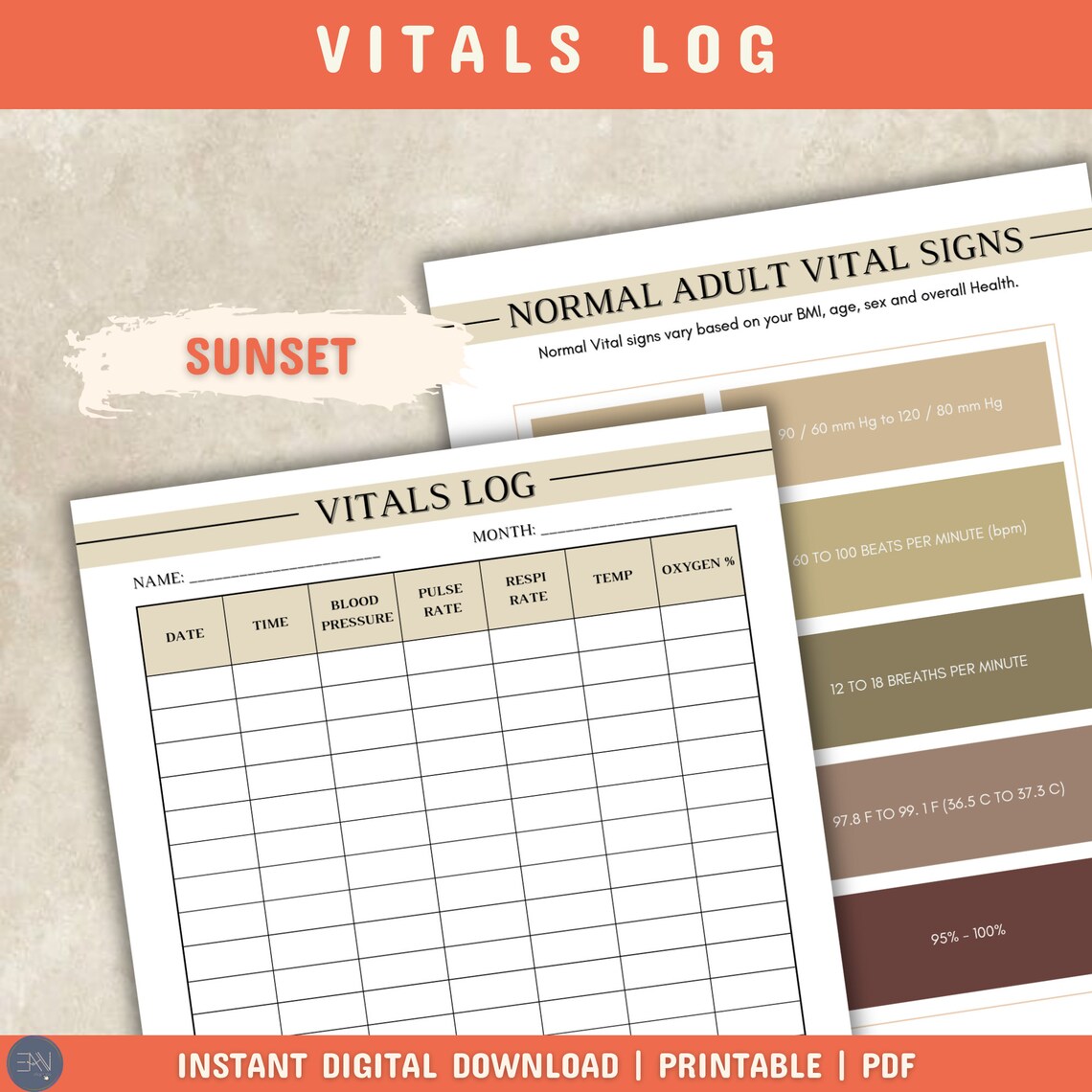 Printable Vitals Log, Blood Pressure Log, Vital Sign Sheet Log Vital ...
