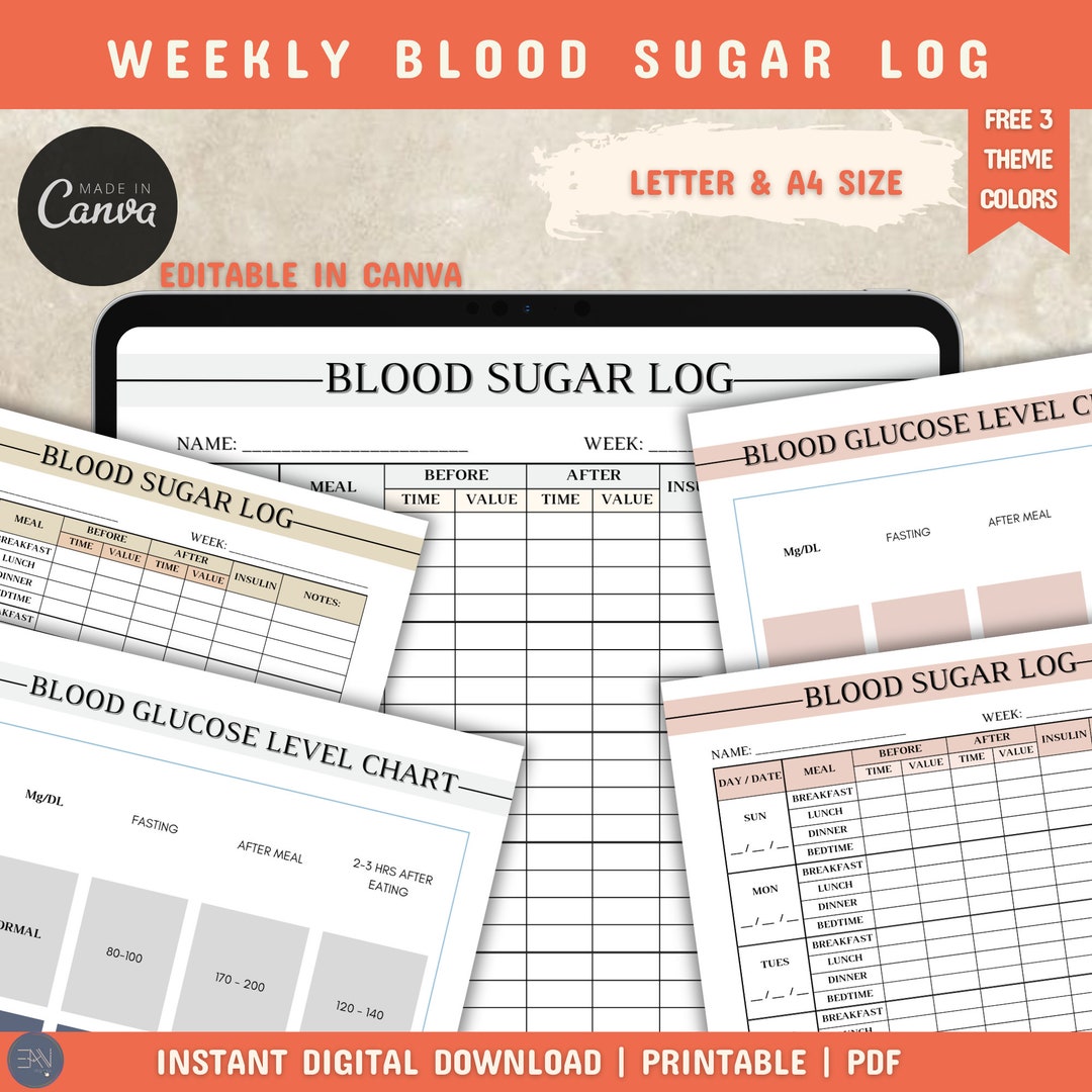 Blood Sugar Log Printable, Diabetes Tracker, Printable Blood Sugar ...