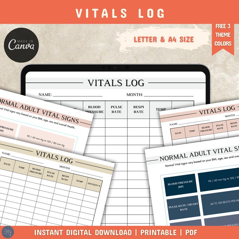 Printable Vitals Log, Blood Pressure Log, Vital Sign Sheet Log | Vital ...