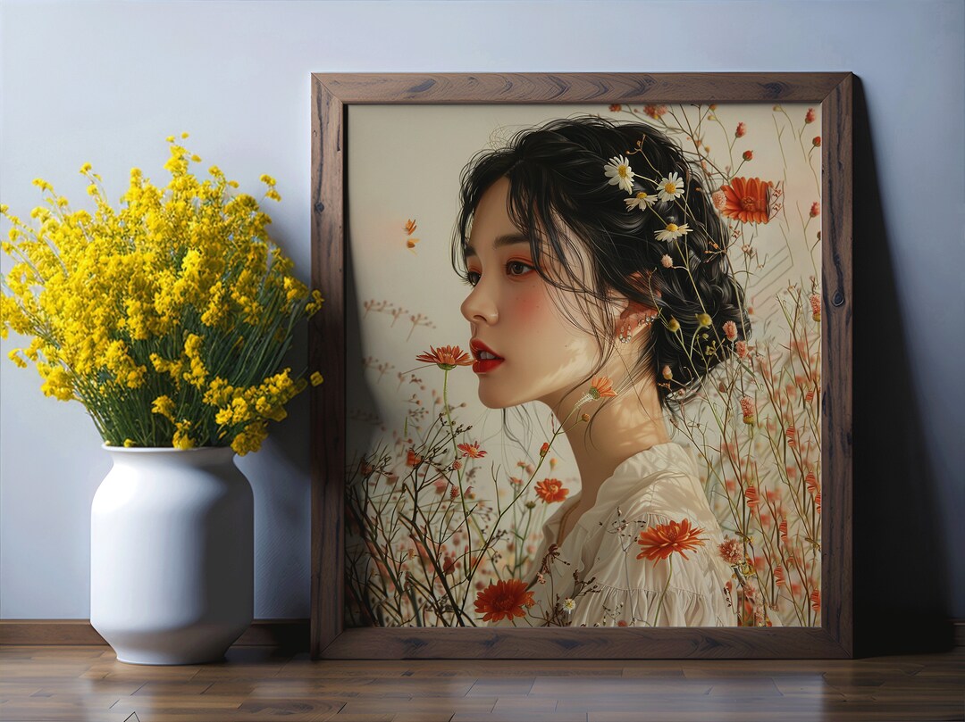 Feminine Wall Decor Digital Download Lady Wall Art Girl With Bun Floral ...