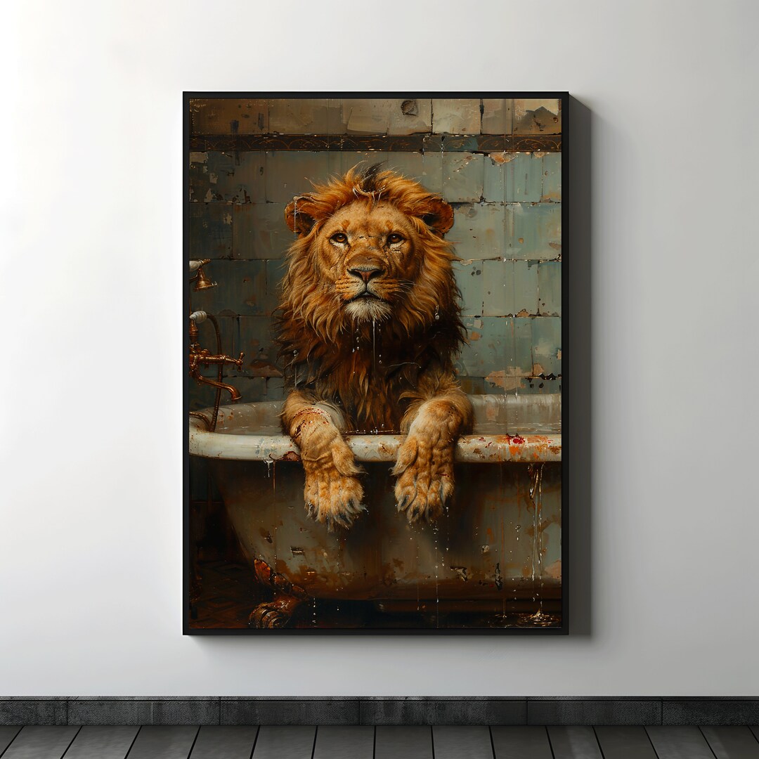 Bathroom Wall Art Lion Bathing Washroom Wall Art Animal Art Tub Art ...