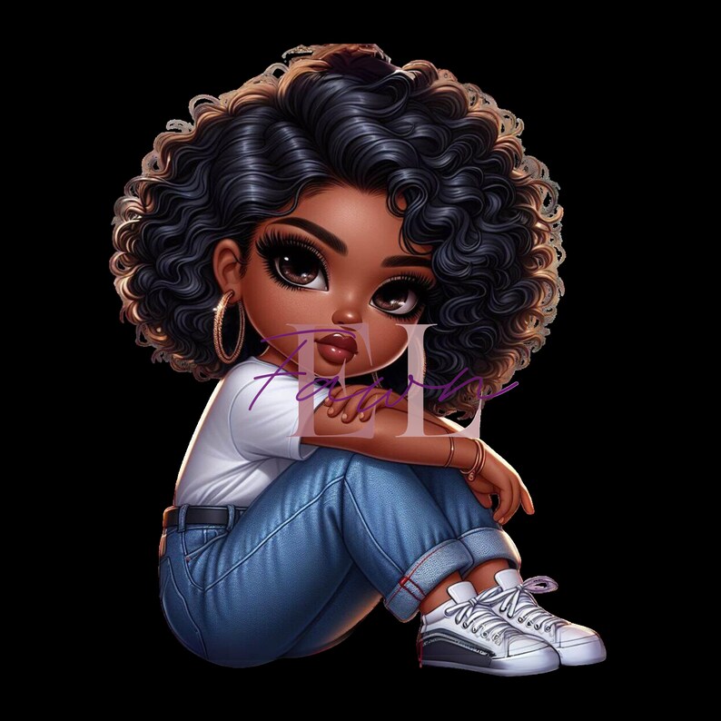Chibi African American Woman Sitting on Floor, Curly Hair, Big Eyes - Etsy