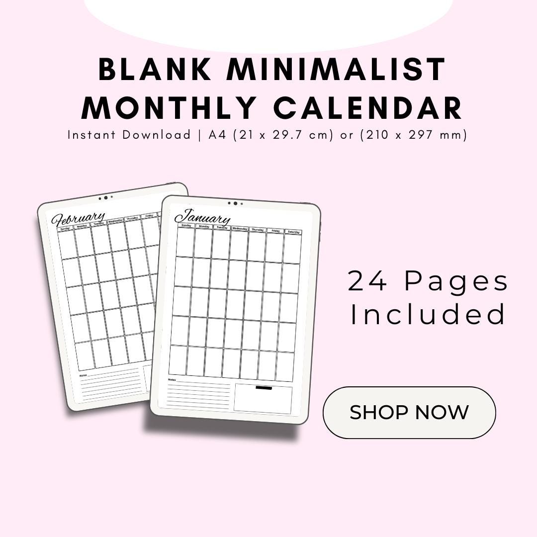 Minimalist Blank Monthly Calendar A4 12 Blank Calendar With Notes and ...