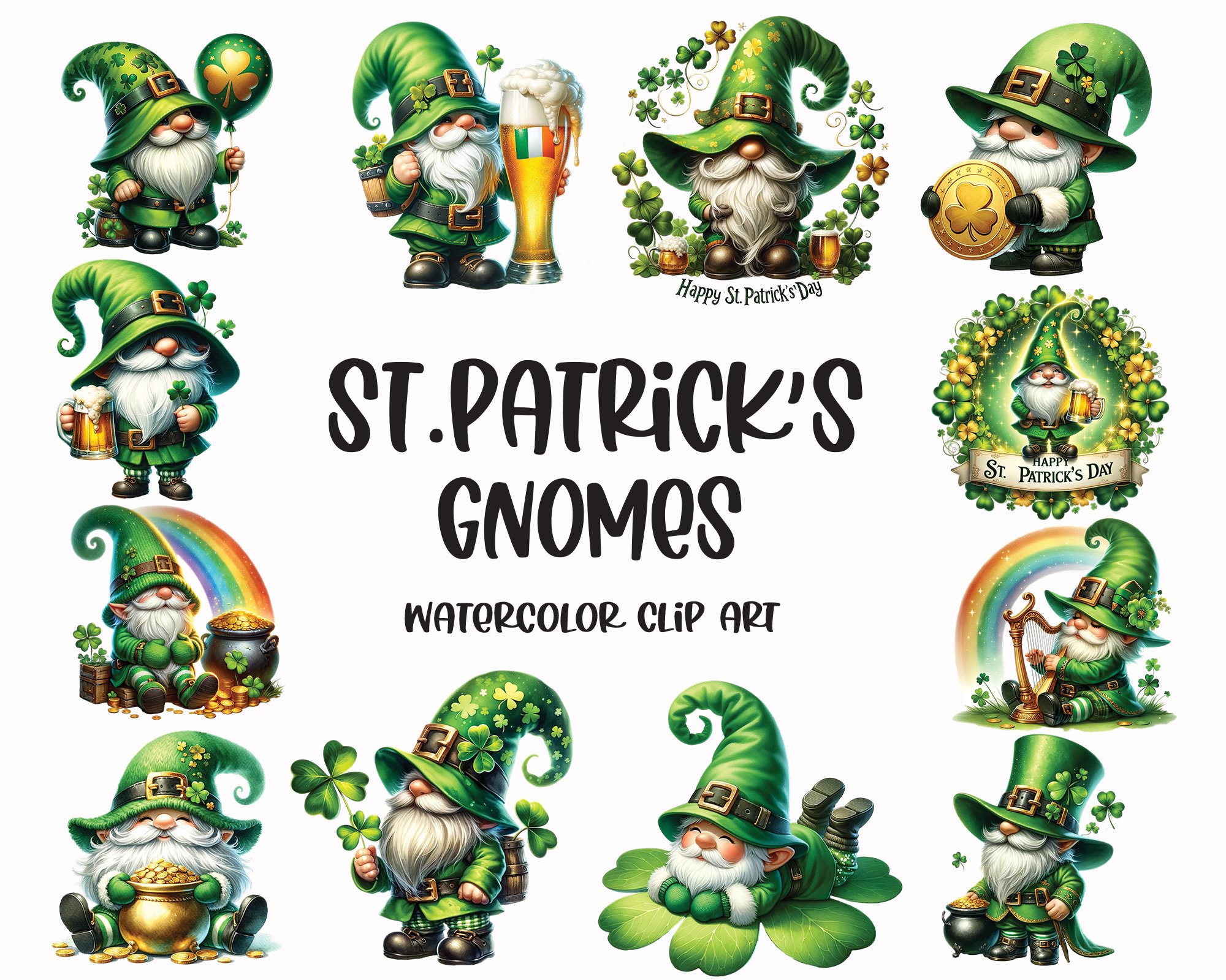Watercolor St. Patrick’s Day Gnomes Clipart Bundle, Gnomes PNG, Fantasy ...