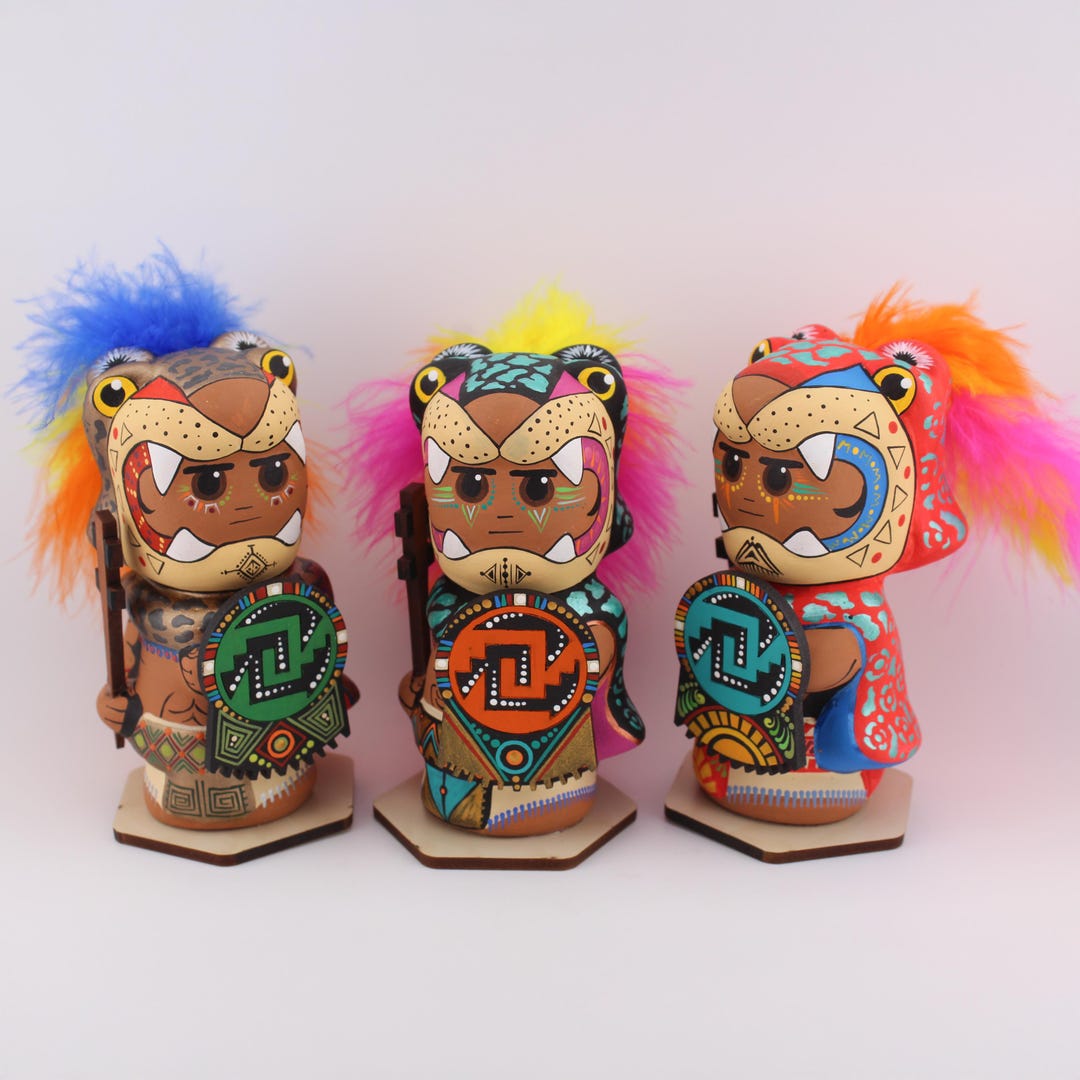 Aztec Jaguar Warrior Figures, Handmade Mexican Art, Macuahuitl and ...