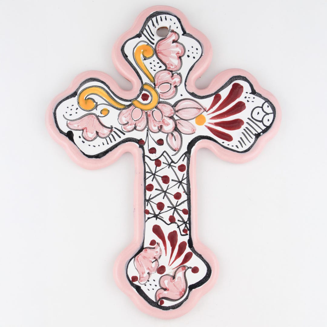 Handmade Pink Talavera Hanging Cross, Flower and Feathered Talavera ...