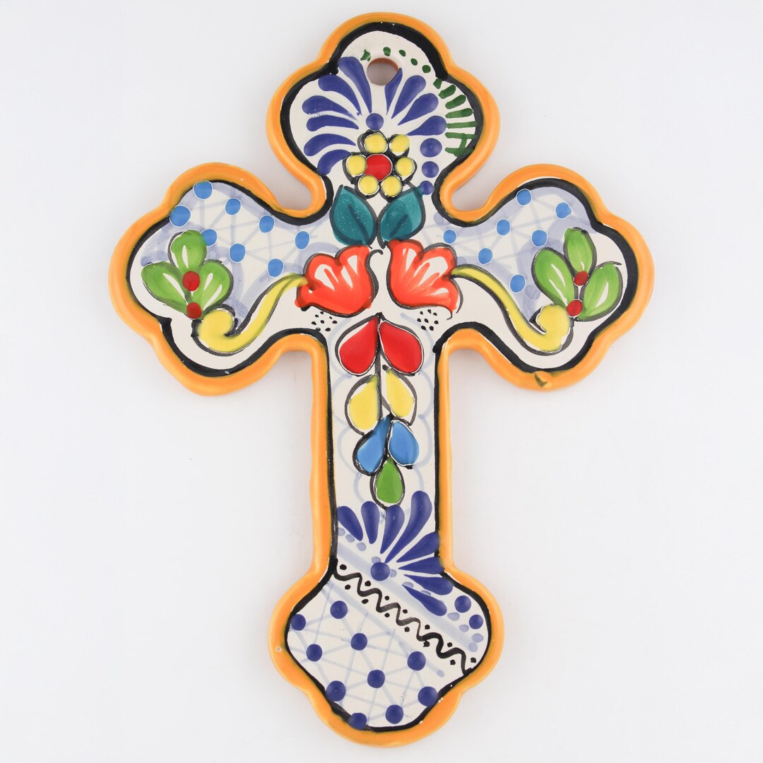 Handmade Yellow Talavera Hanging Cross, Flower and Feathered Talavera ...