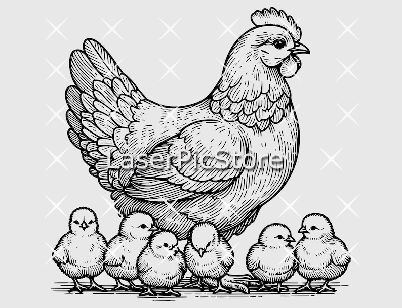 Hen and Chicks Vector File - SVG AI DXF - Farm Animal Svg - Chicken ...