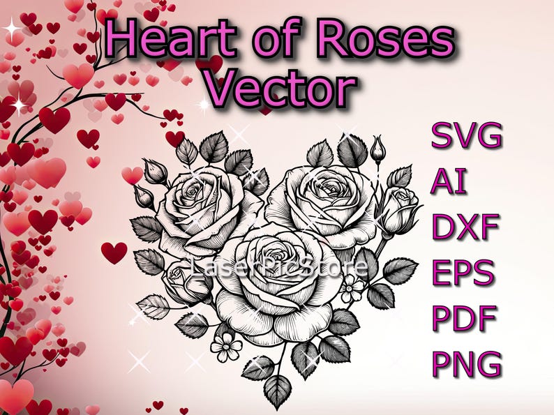 Heart of Roses Vector - SVG AI DXF - Valentine's Svg - Detailed ...