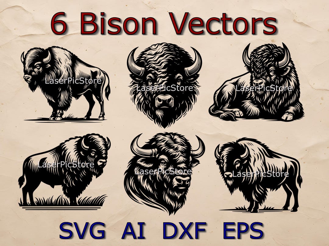6 Bison Vector Files - SVG AI DXF Eps - Basic Lines Svg Files - North ...