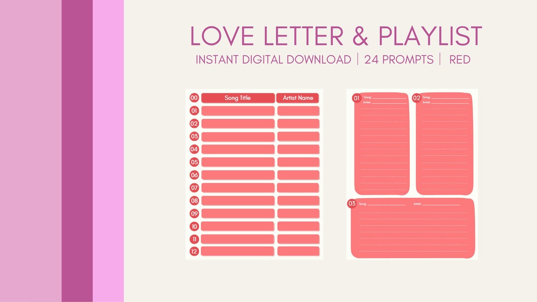 Love Letter Playlist Template/ Digital Template/ Journal Template/ Easy ...