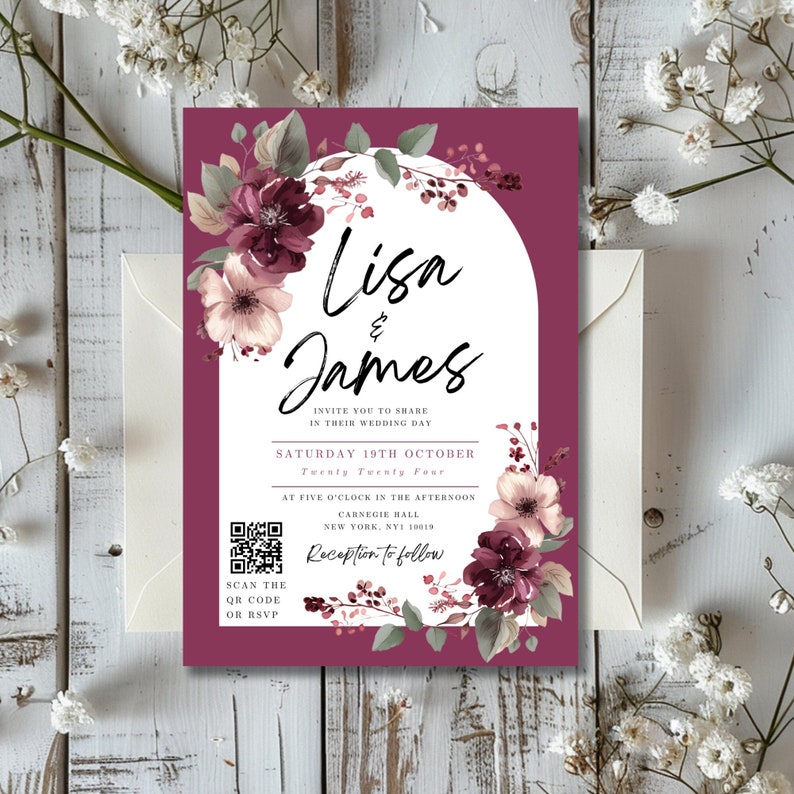 Floral Burgundy Wedding Invitation, SVG, QR Code, DIY, Digital, Canva ...