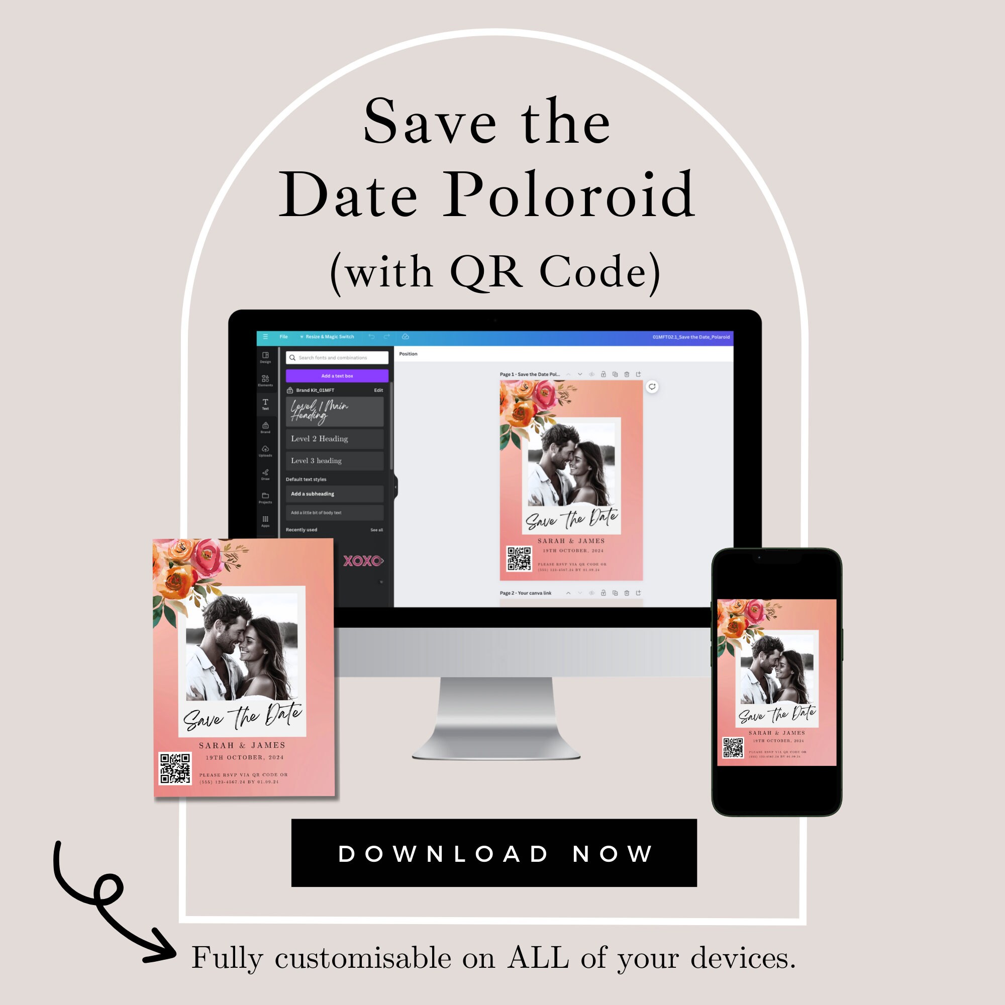 Save the Date Polaroid QR Code, SVG, Photo, Rose Gold, Canva ...