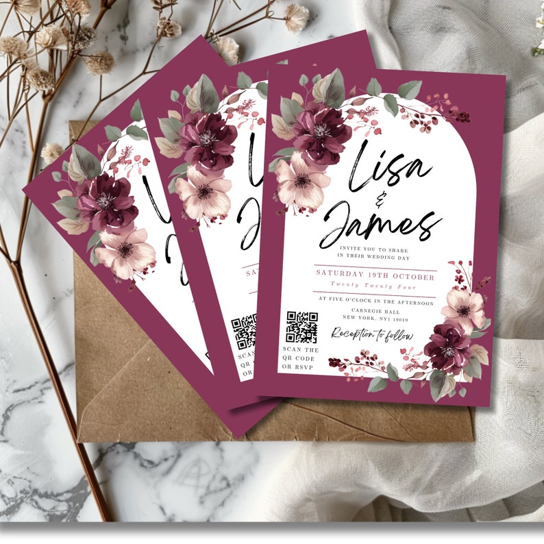 Floral Burgundy Wedding Invitation, SVG, QR Code, DIY, Digital, Canva ...
