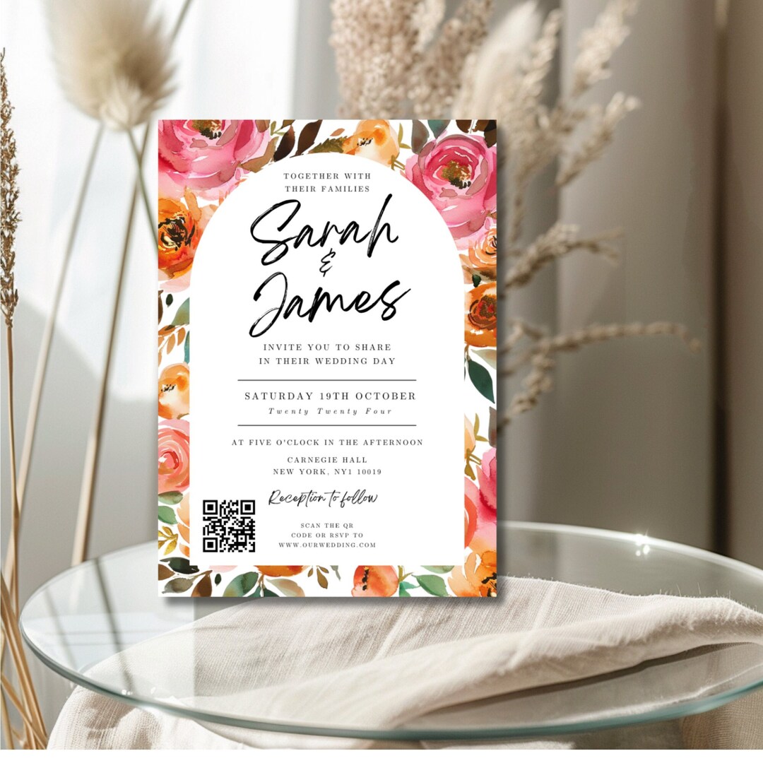 Rose Gold Floral Wedding Invitation Template With QR Code (digital ...